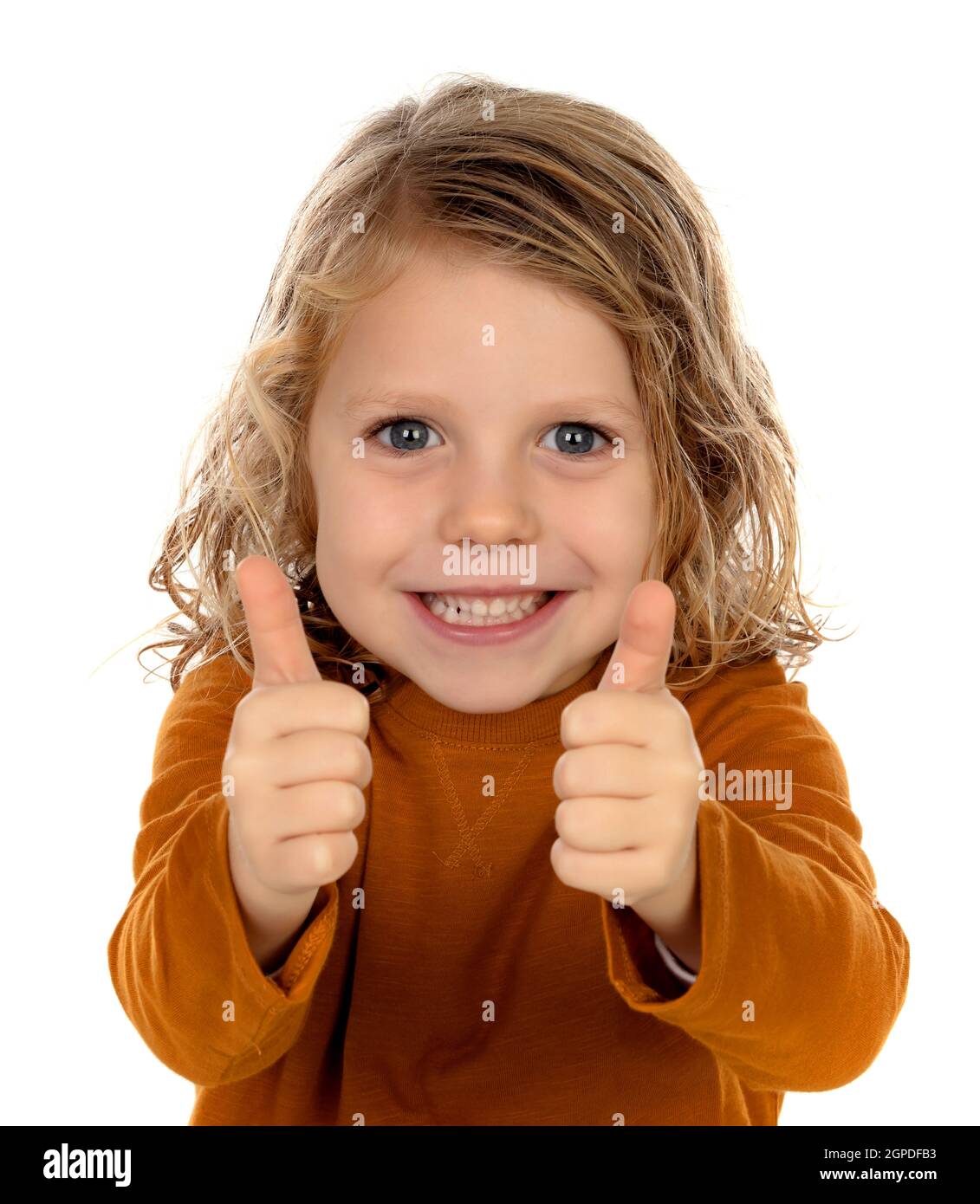 Adorable small blond child saying Ok isolated on white background Stock ...