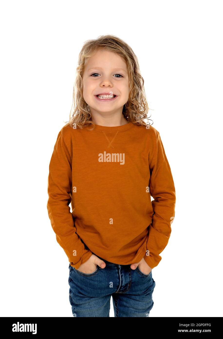 Happy blond child with long hair isolated on a white background Stock ...
