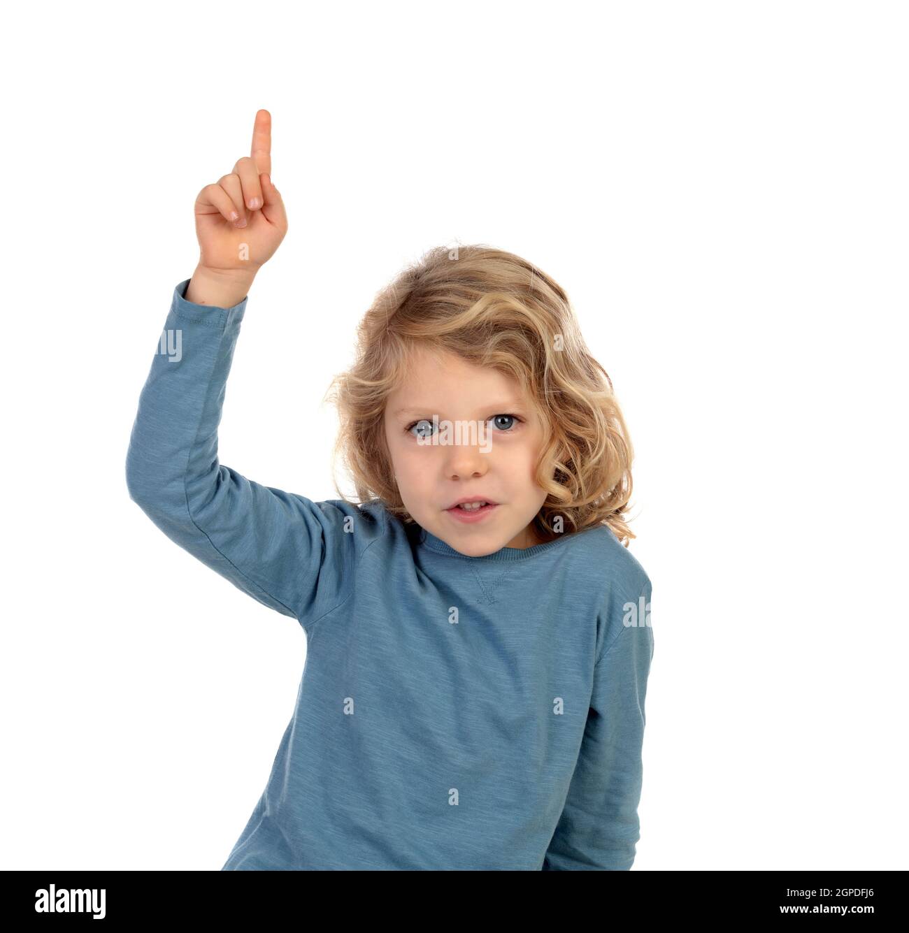 Adorable child with his hands raised asking speak isolated on a white ...