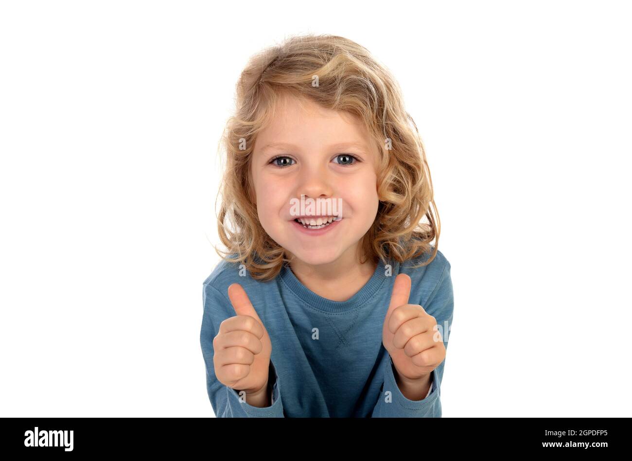 Adorable small blond child saying Ok isolated on white background Stock ...