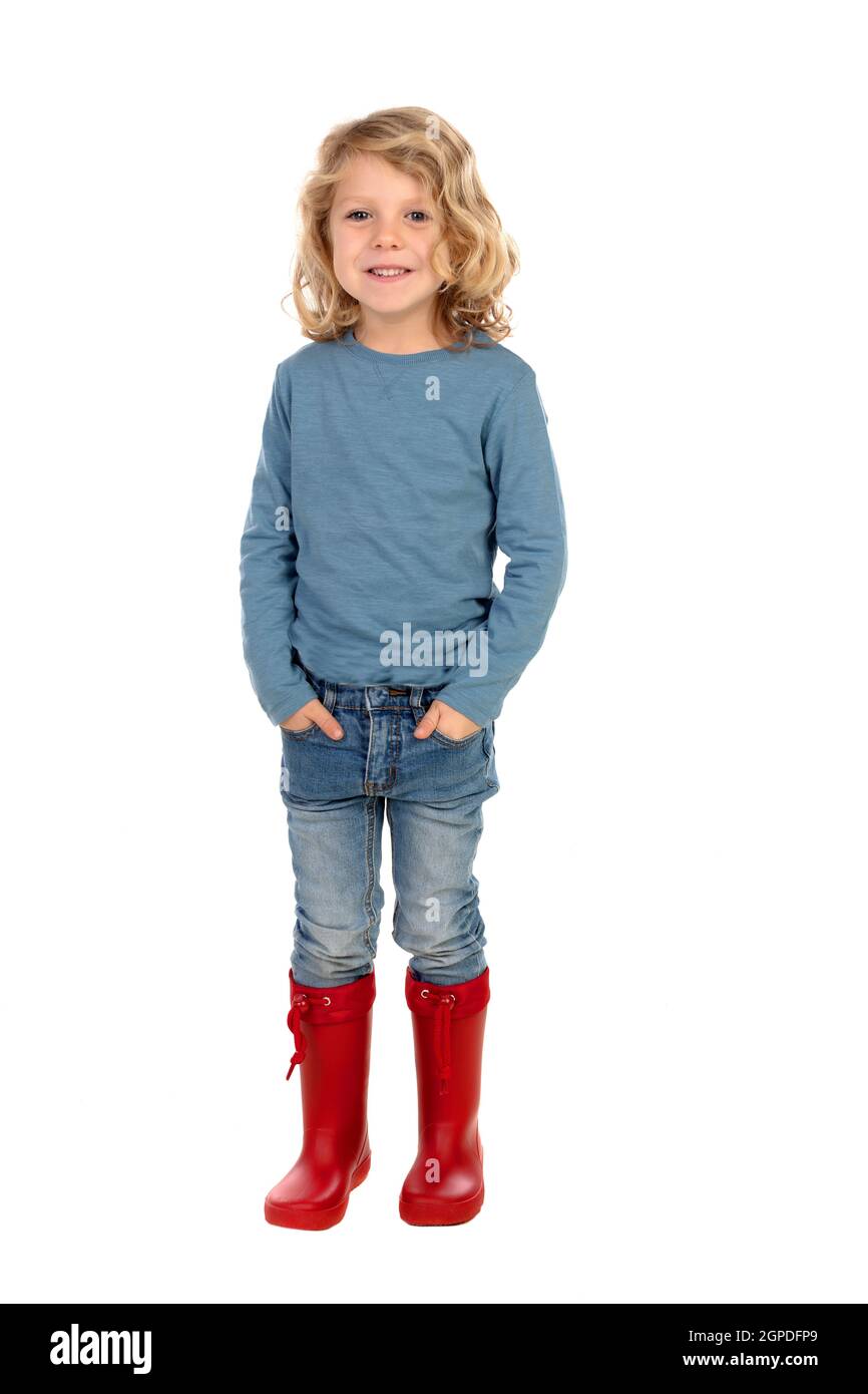 Happy blond child with long hair isolated on a white background Stock ...