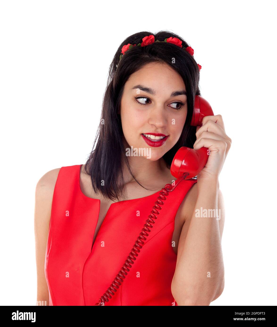 Stylish woman in red calling isolated on a white background Stock Photo ...