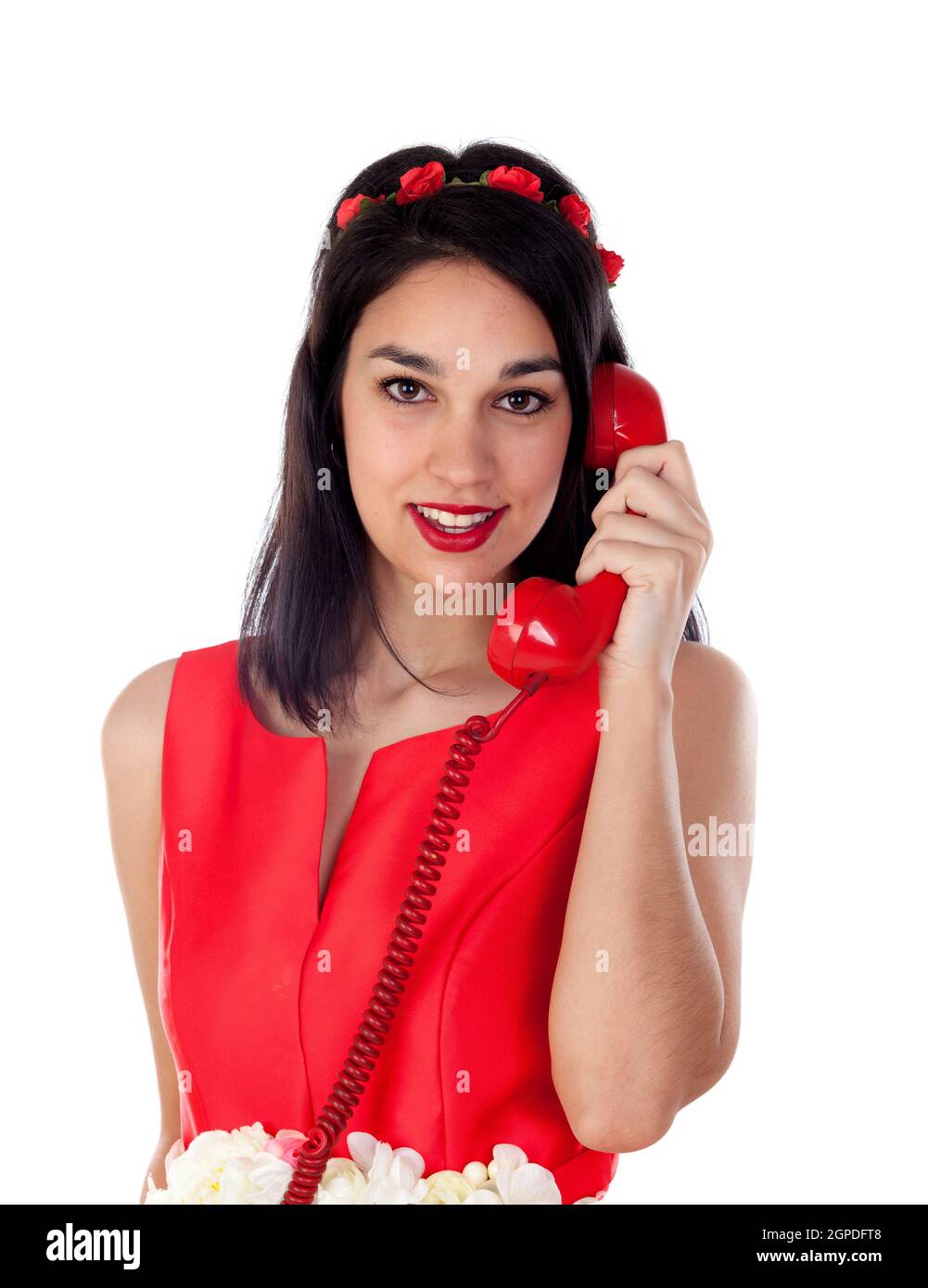 Stylish woman in red calling isolated on a white background Stock Photo ...