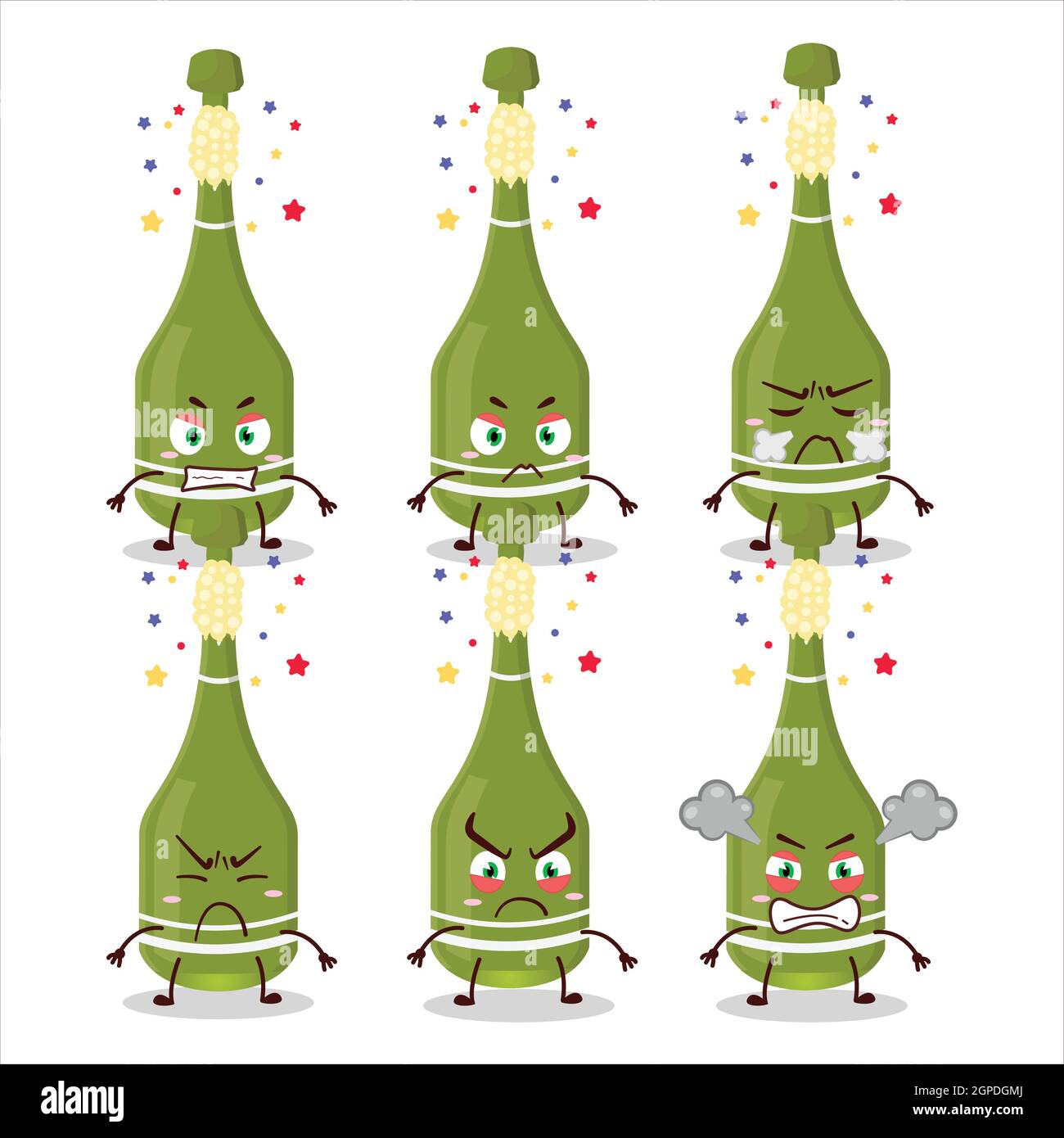 Champagne bottle open cartoon character with various angry expressions ...