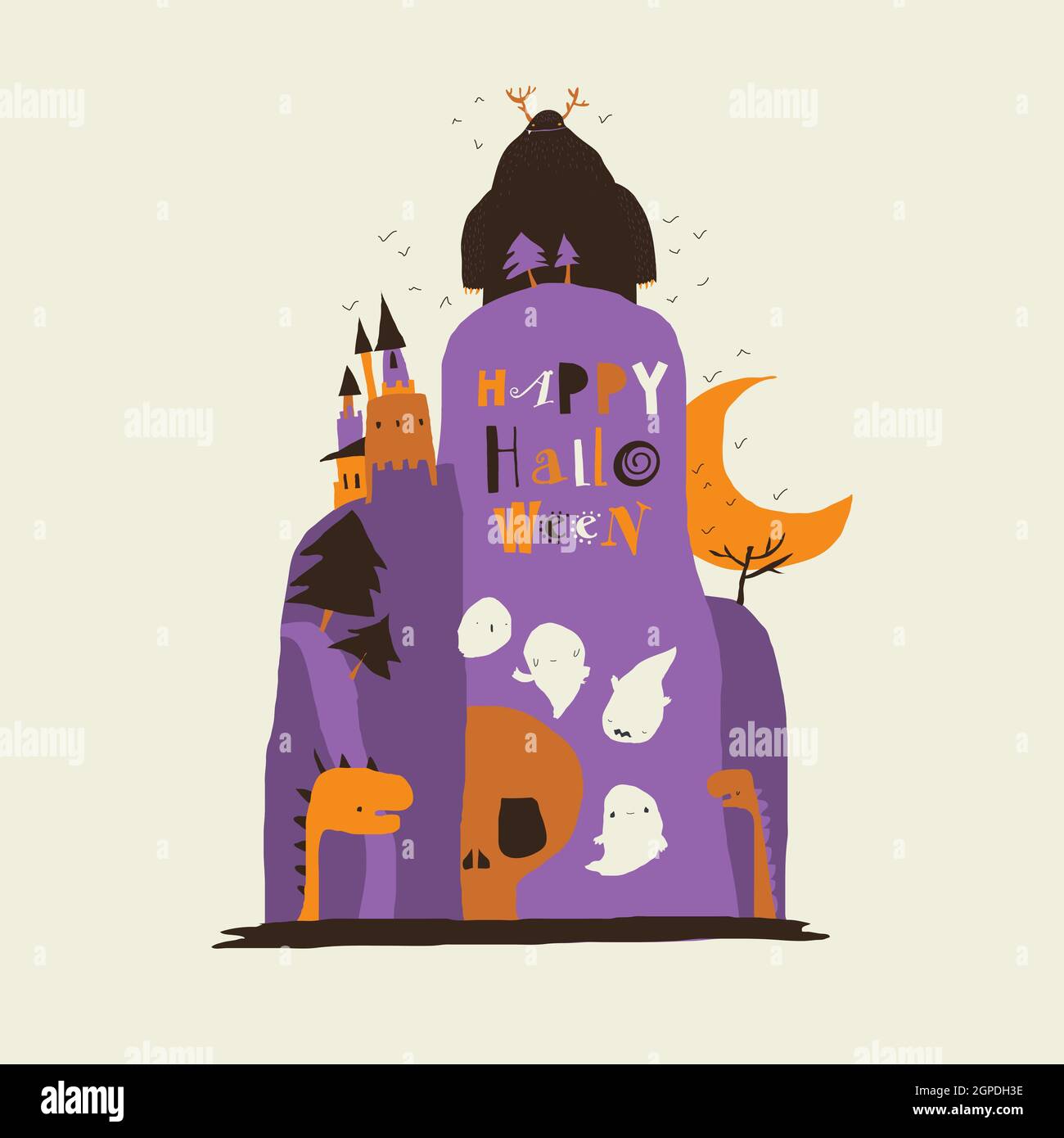 Cartoon Halloween Illustration with Spooky Rock with Monsters Stock ...