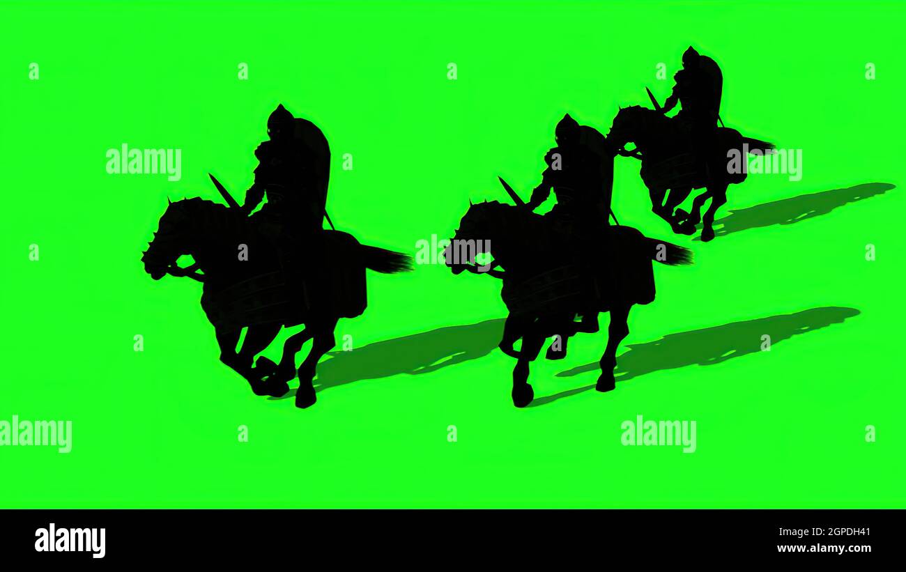 3d illustration - Silhouettes of Medieval Knights Ride Horses With ...