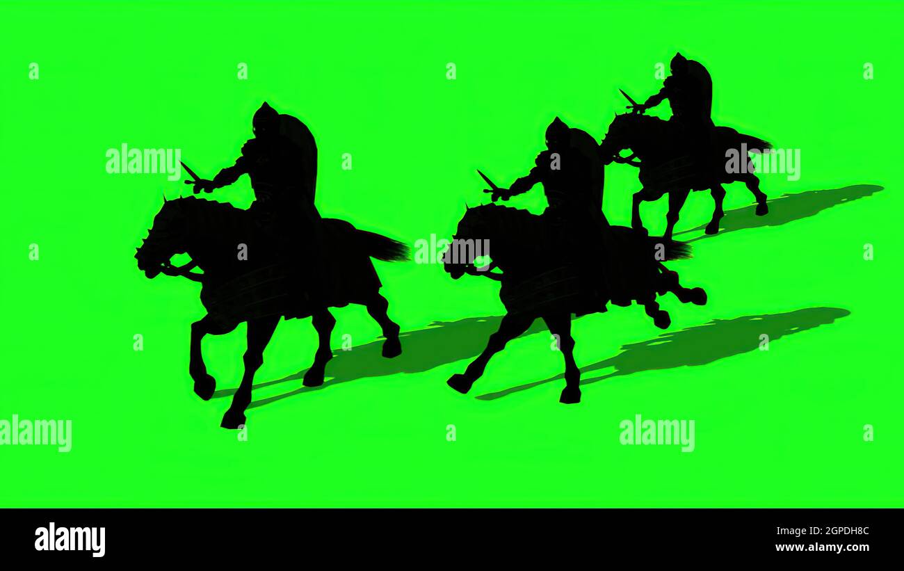 3d illustration - Silhouettes of Medieval Knights Ride Horses With ...