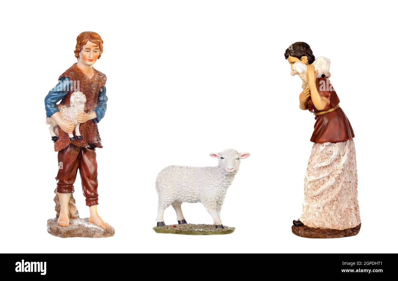 Shepherds of a Bethlehem portal with a sheep isolated on a white ...