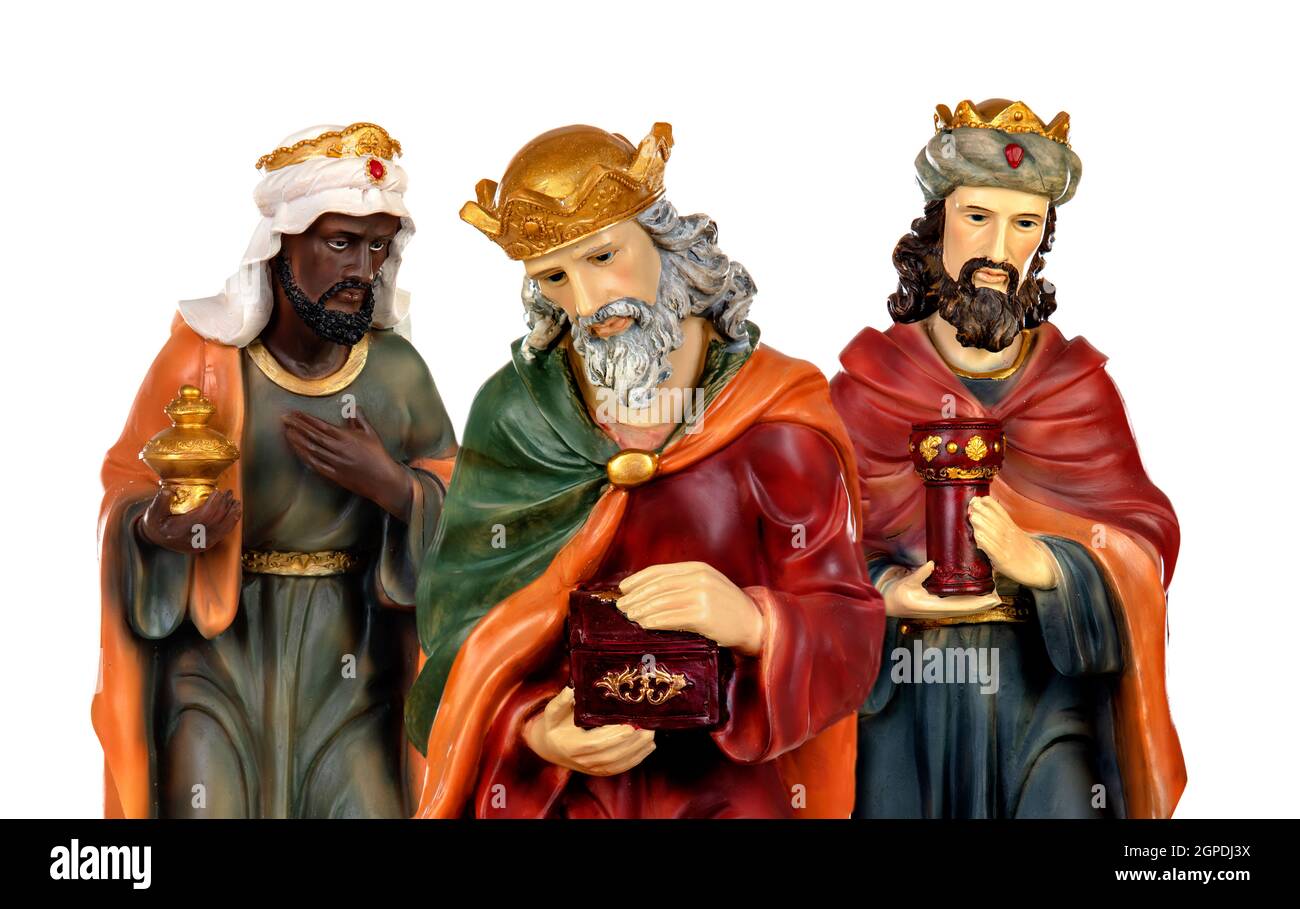 The three wise men and baby Jesus. Ceramic figures isolated on white ...
