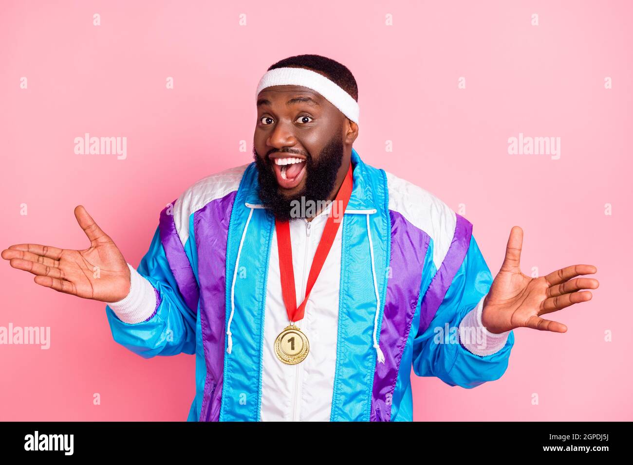 Photo of young african man happy positive smile champion sportsman win ...