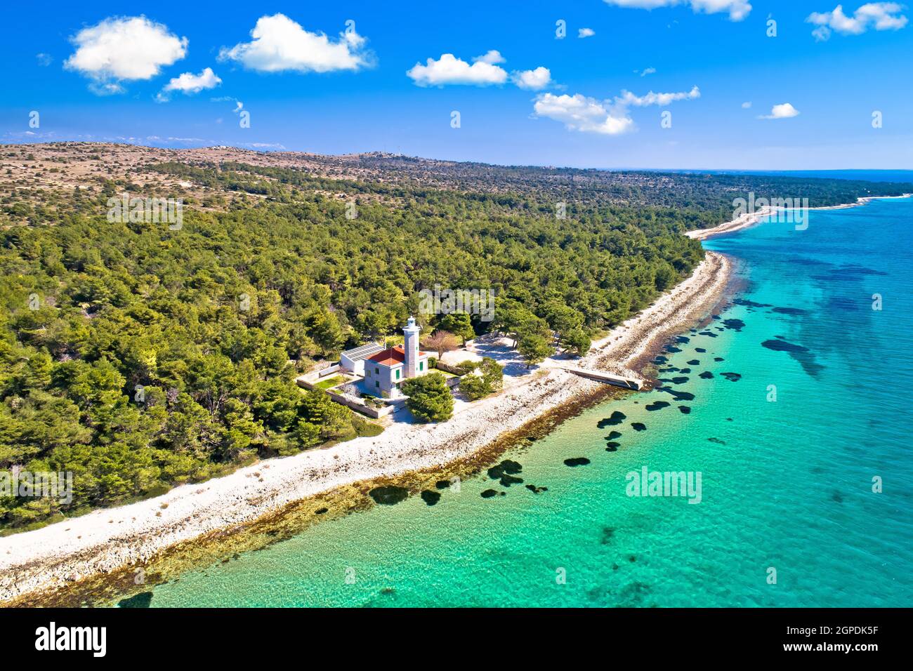 Island of Vir archipelago lighthouse and beach aerial panoramic view ...
