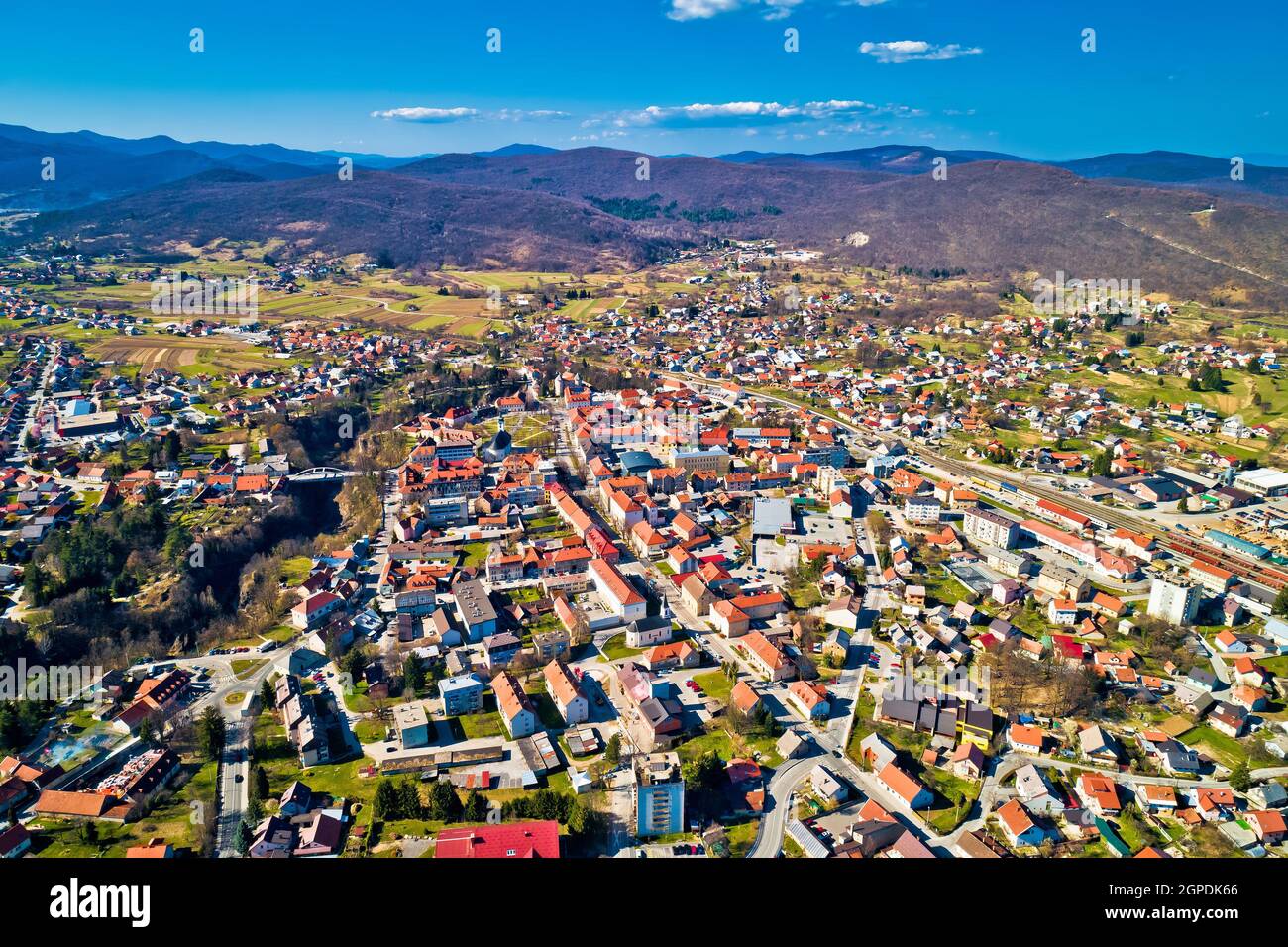 Town of Ogulin and Dobra river canyon aerial panoramic view, landscape ...