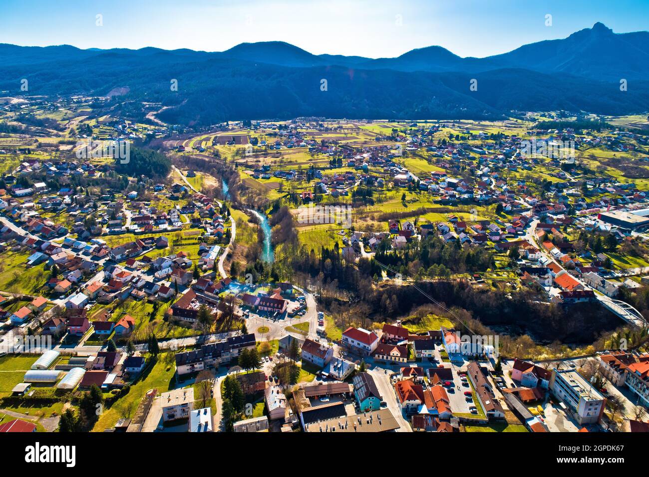 Town of Ogulin and Dobra river canyon aerial panoramic view, landscape ...