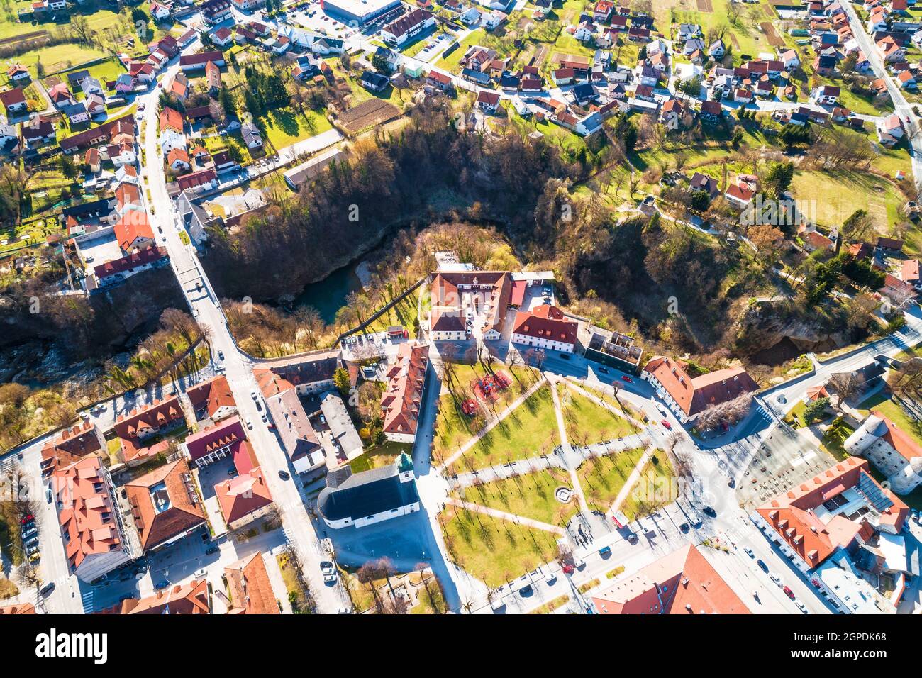 Town of Ogulin and Dobra river canyon aerial panoramic view, landscape ...