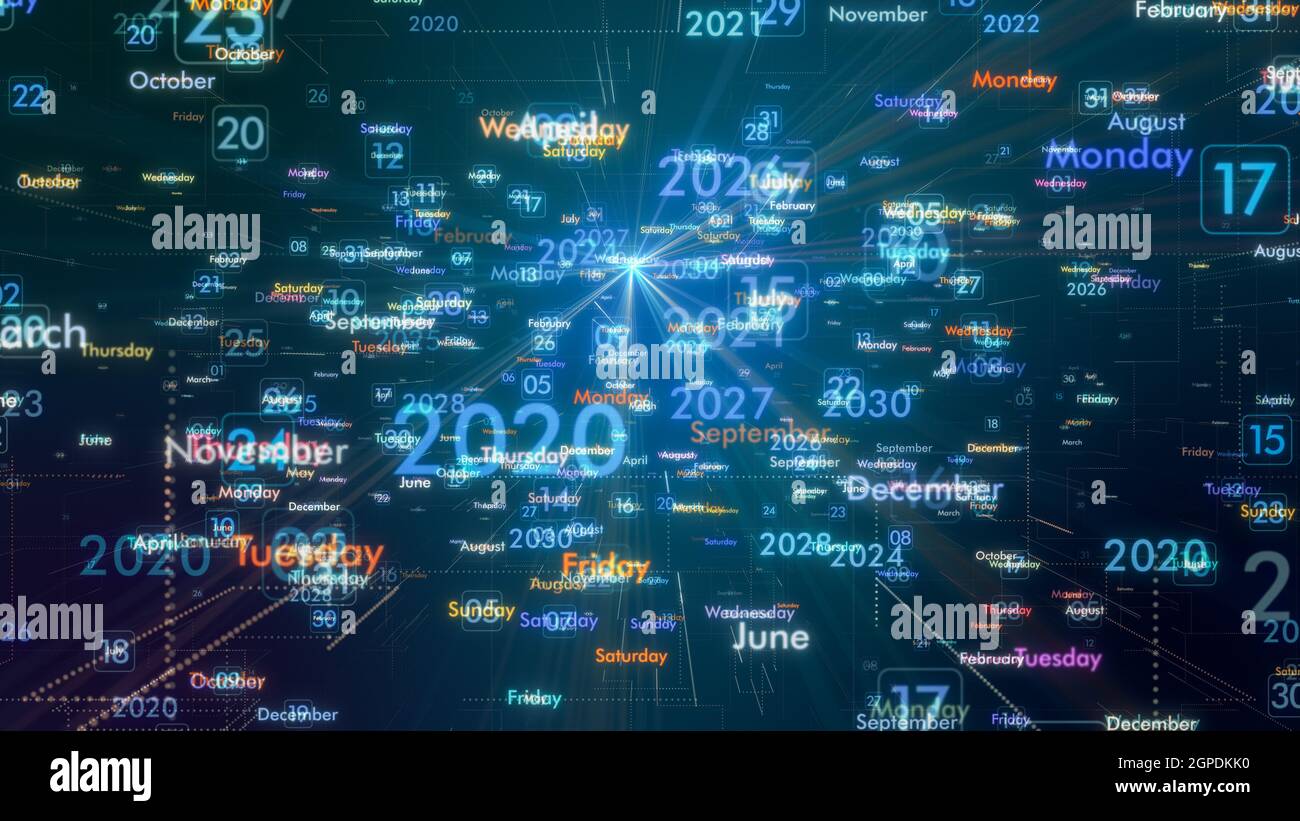 futuristic calendar with years, months and weekdays, the time passing ...