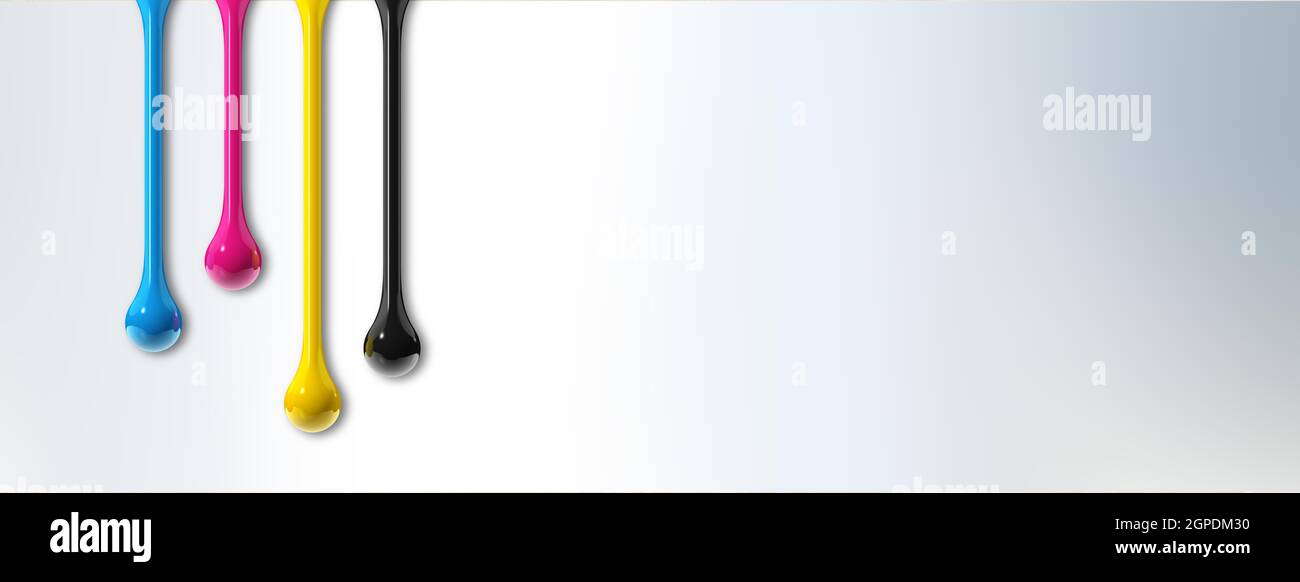 3D cmyk ink drops isolated on white paper background. Horizontal banner ...