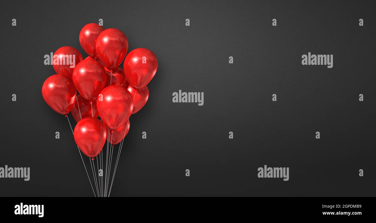 Red balloons bunch on a black wall background. Horizontal banner. 3D ...