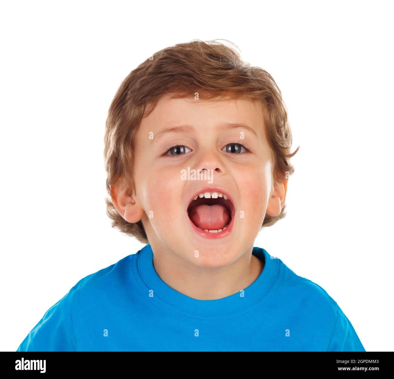 Adorable baby with blond hair opening his mouth isolated on a white background Stock Photo - Alamy