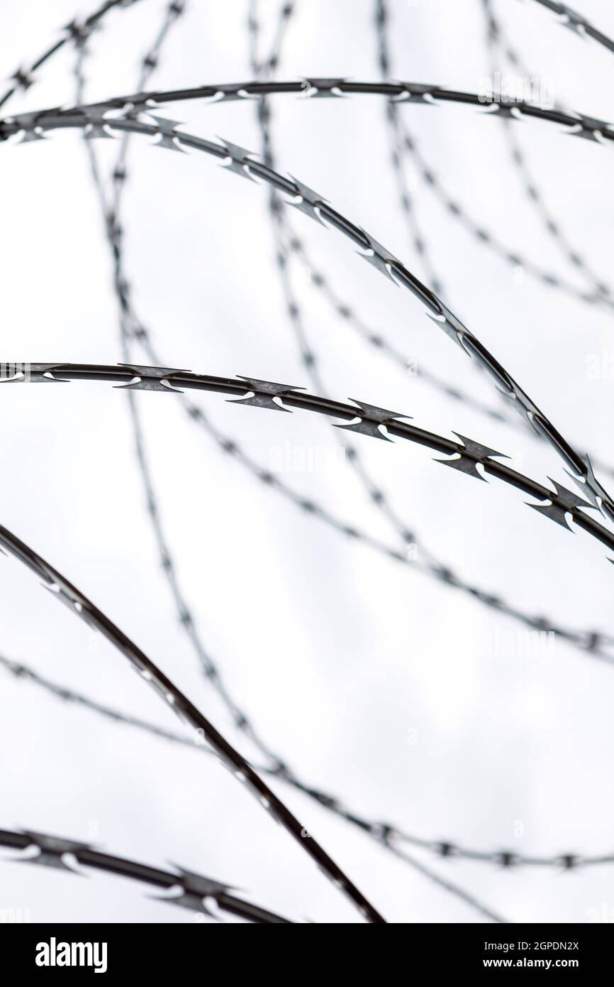 Fence with a barbed wire under a blue sky Stock Photo - Alamy