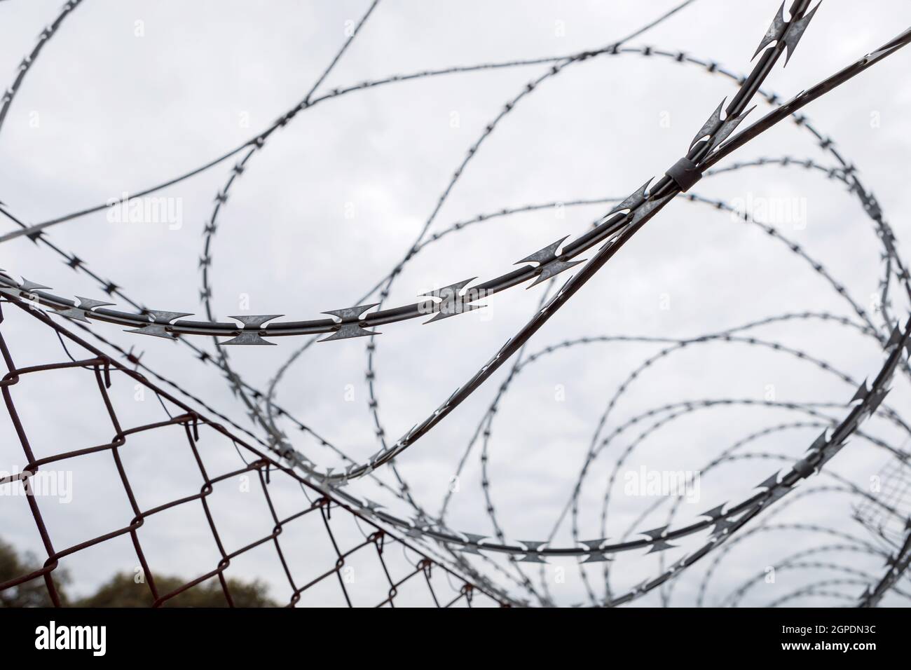 Fence with a barbed wire under a blue sky Stock Photo - Alamy