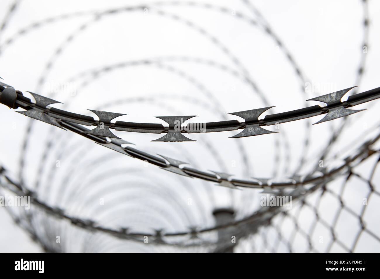 Fence with a barbed wire under a blue sky Stock Photo - Alamy