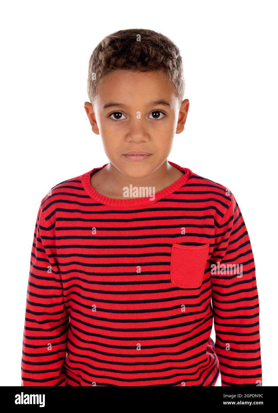 Beautiful latin child with red striped shirt isolated on a white ...