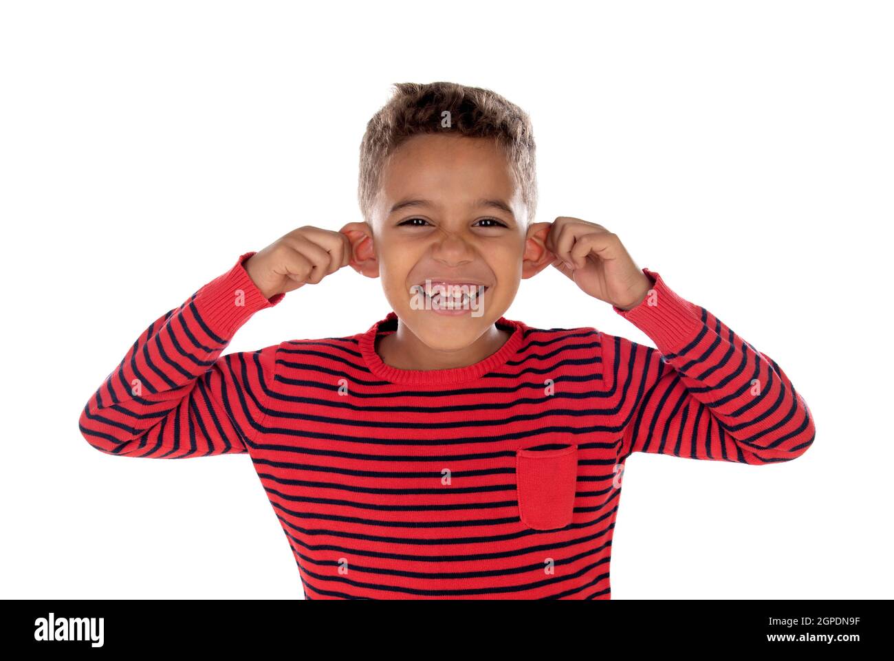 Funny child with tooth growing and making fun isolated on a white ...