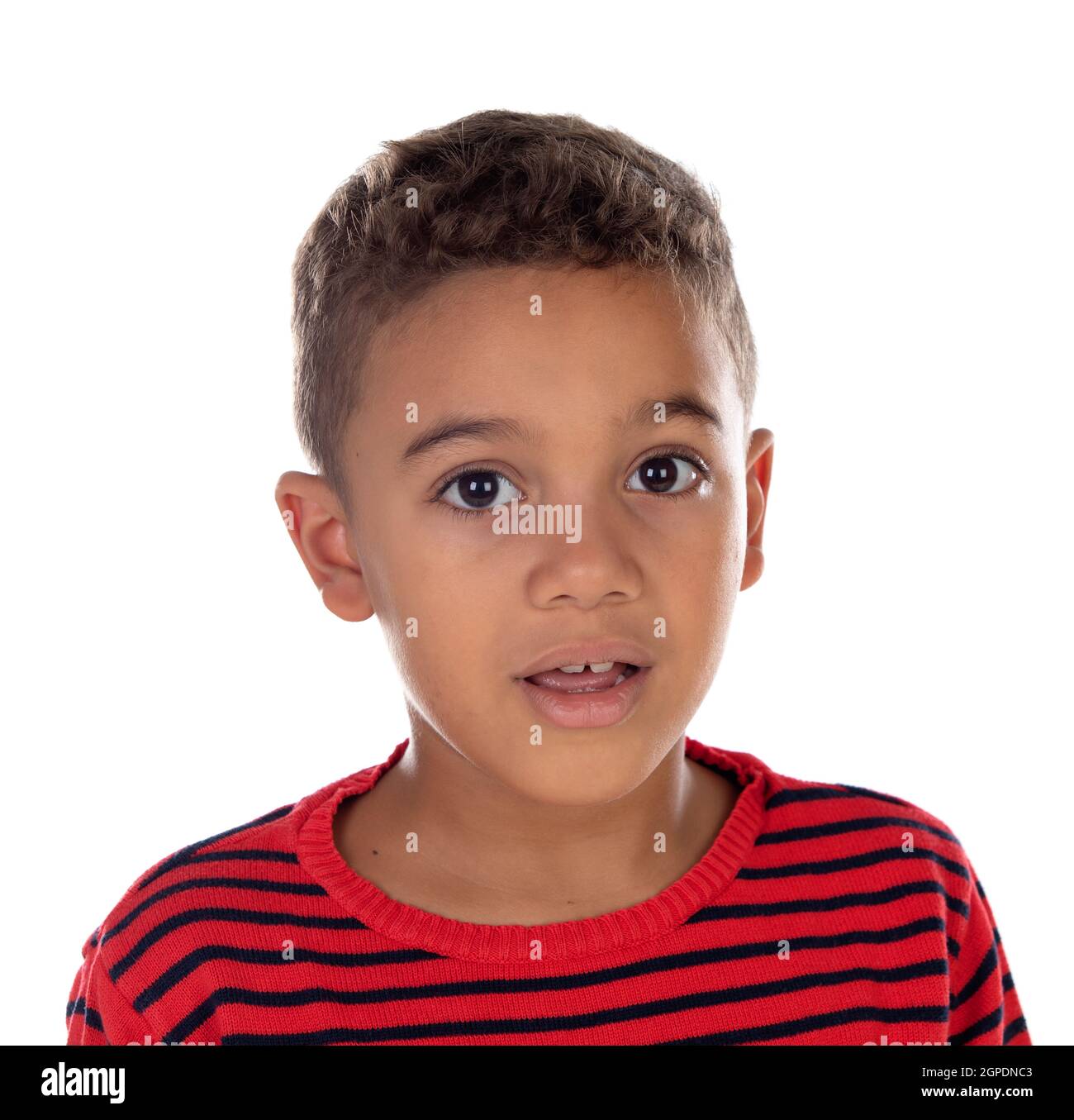 Beautiful latin child with red striped shirt isolated on a white ...