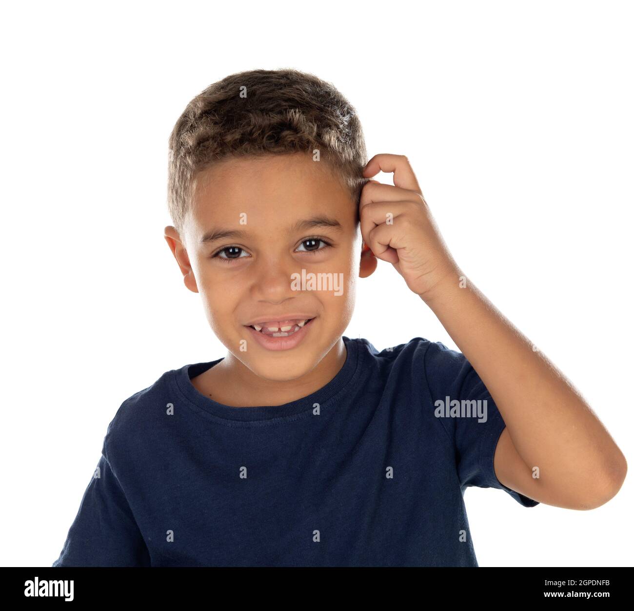 Doubtful latin child idolated on a white background Stock Photo - Alamy