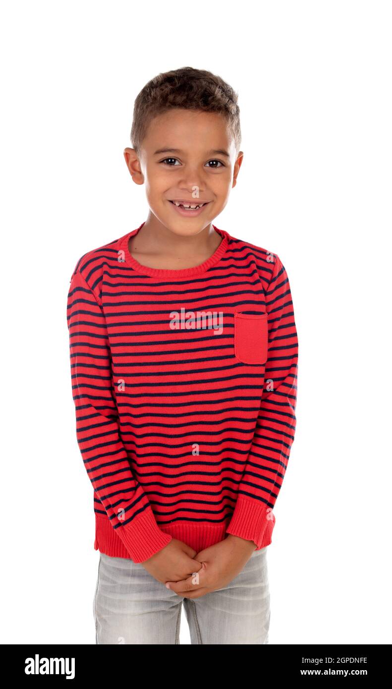 Beautiful latin child with red striped shirt isolated on a white ...