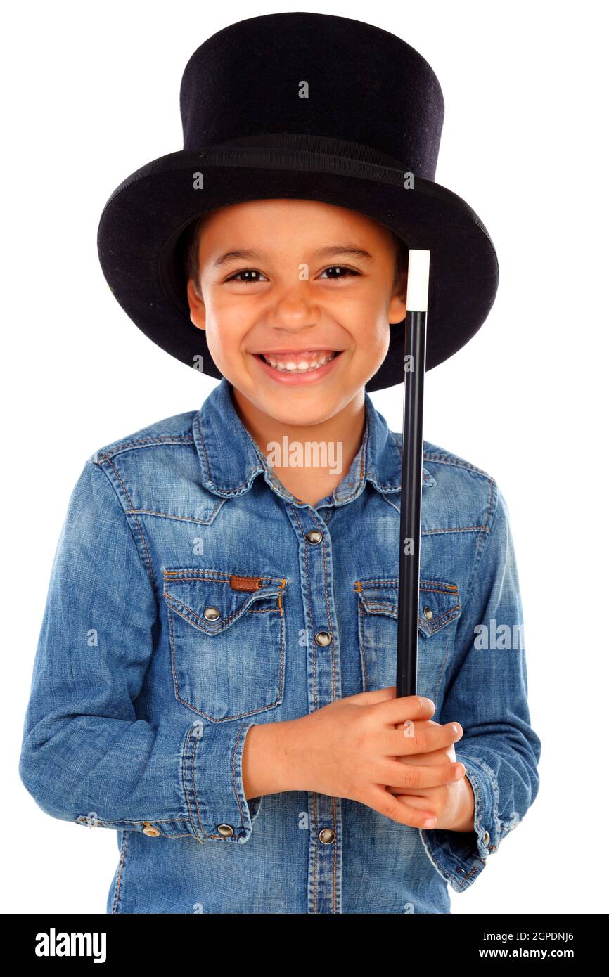 Funny small magician with a top hat and a magic wand isolated on a ...