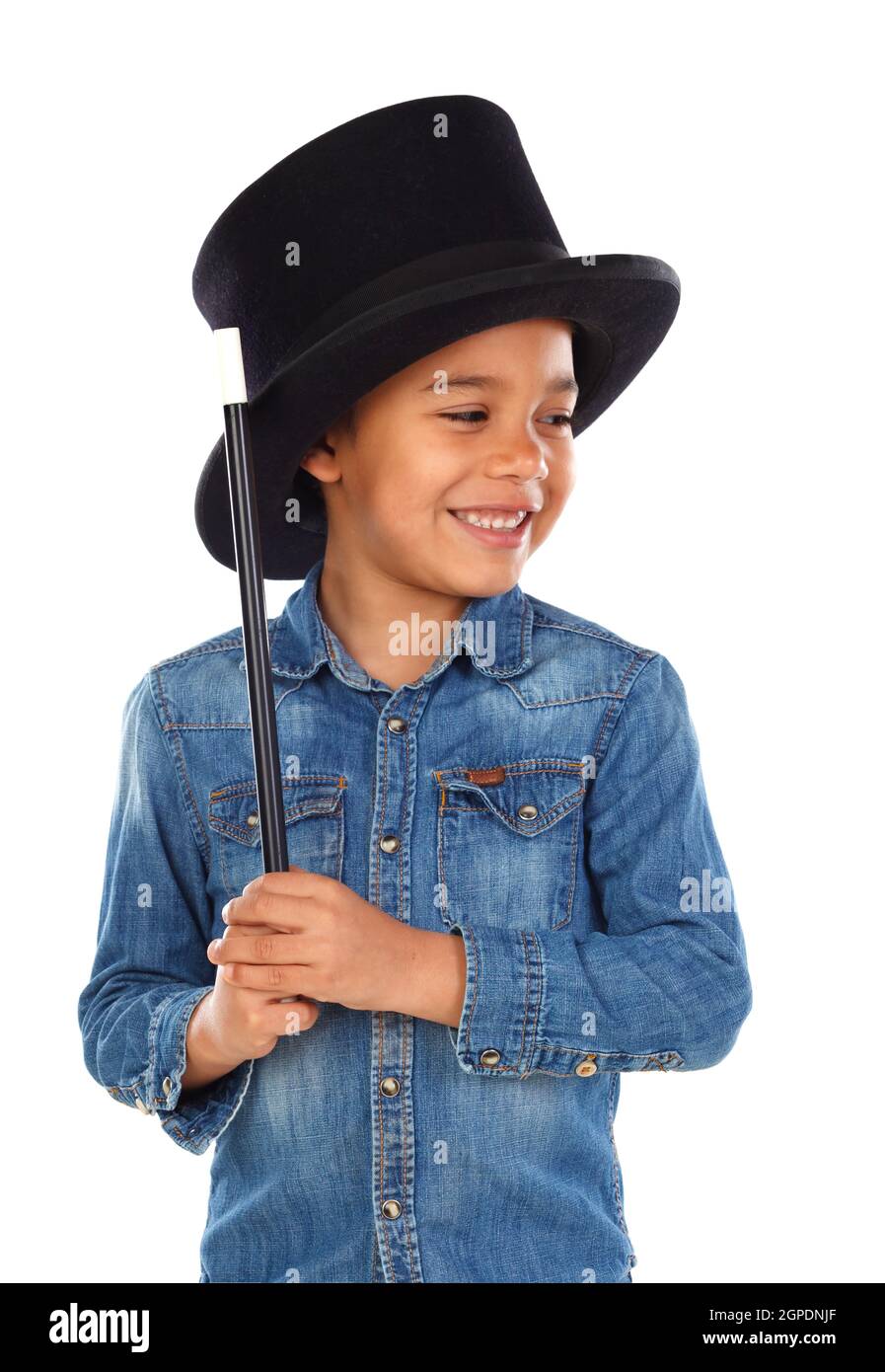 Funny small magician with a top hat and a magic wand isolated on a ...