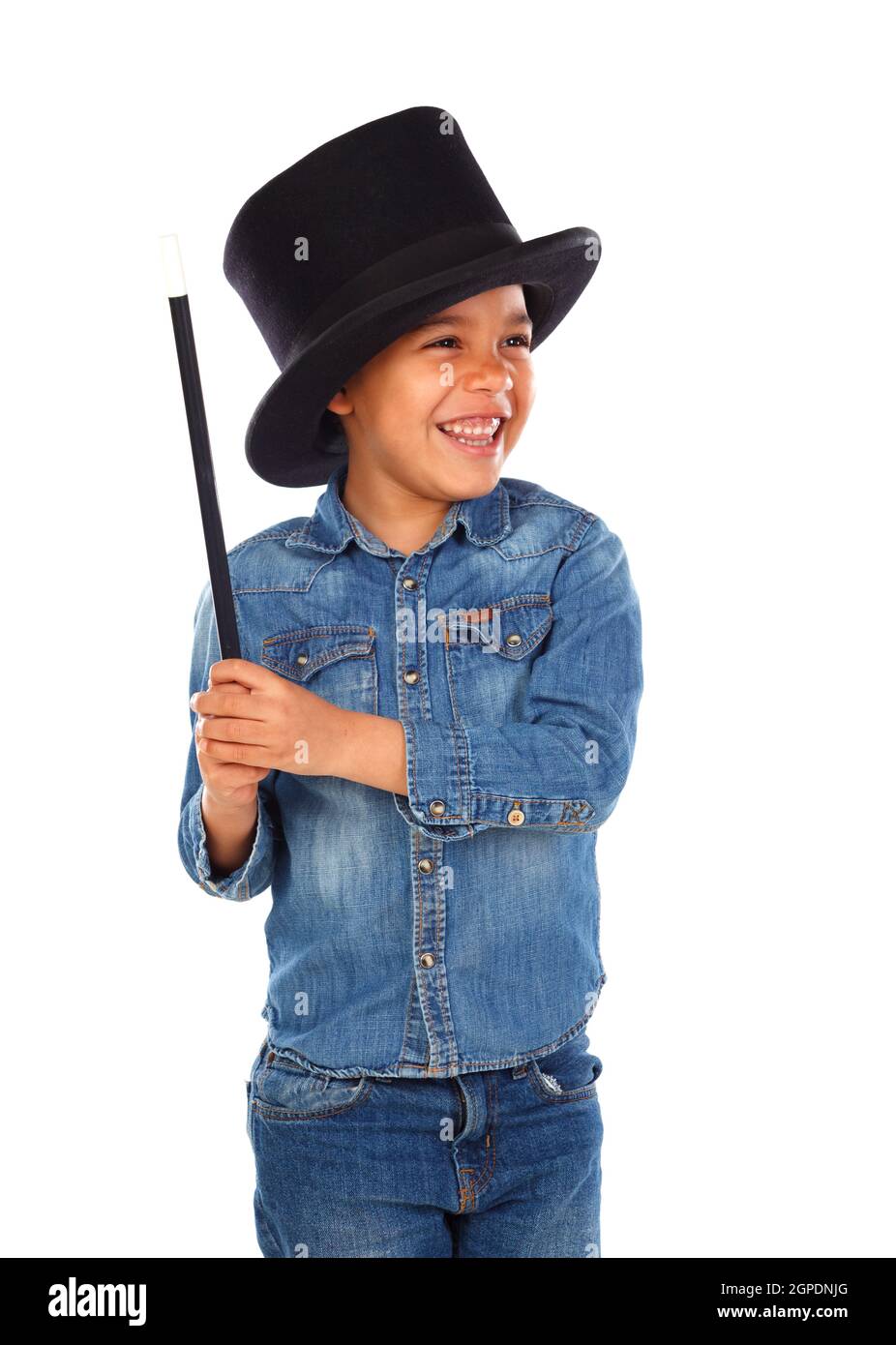 Funny small magician with a top hat and a magic wand isolated on a ...