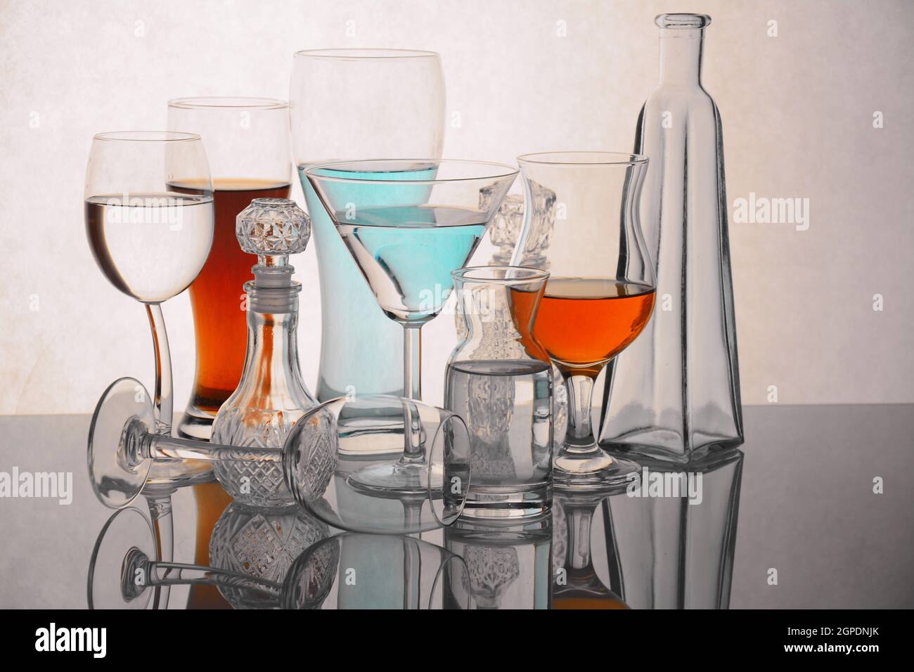 Collection of empty beverage glasses for alcohol and soft drinks Stock ...