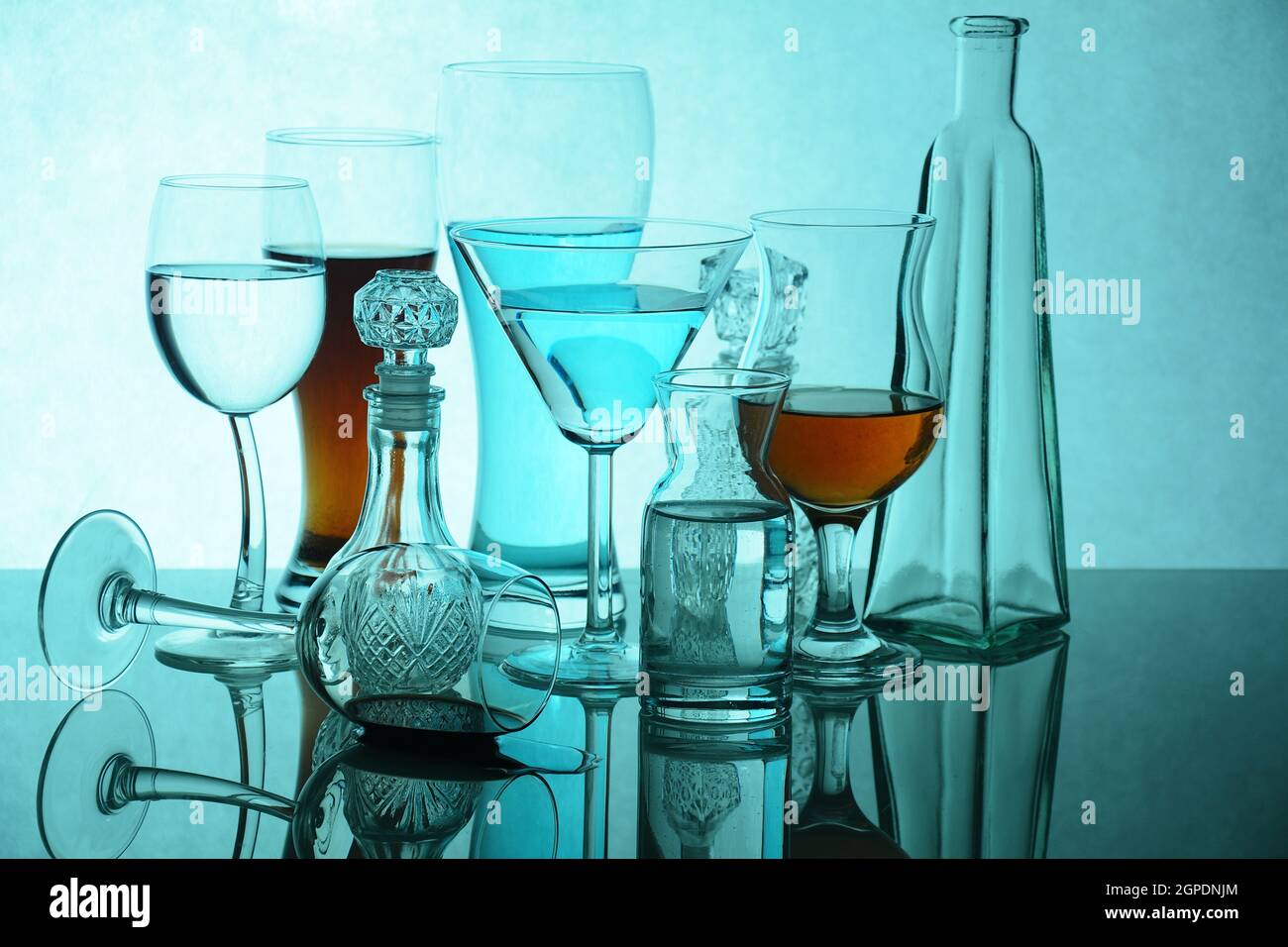 Collection of empty beverage glasses for alcohol and soft drinks Stock ...