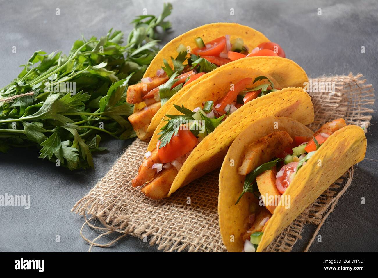 Tacos with grilled chicken and vegetables - Mexican food style Stock ...