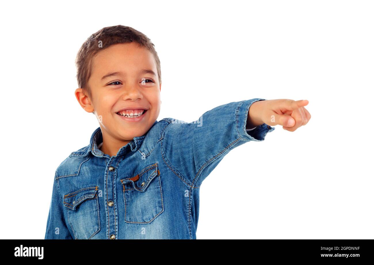 Cute kid pointing with his finger isolated on white background Stock ...
