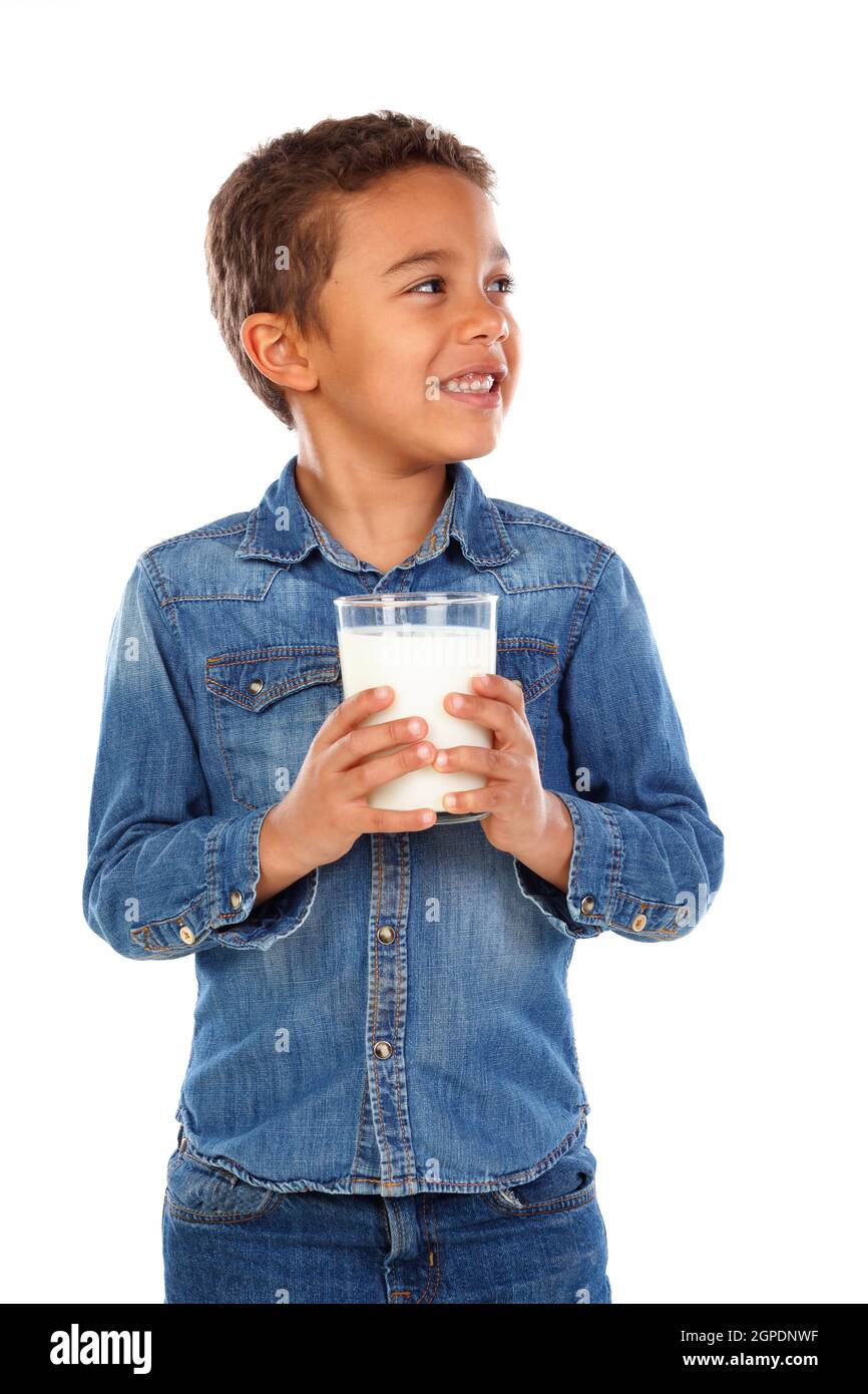 Adorable child drinking milk isolated on a white background Stock Photo ...