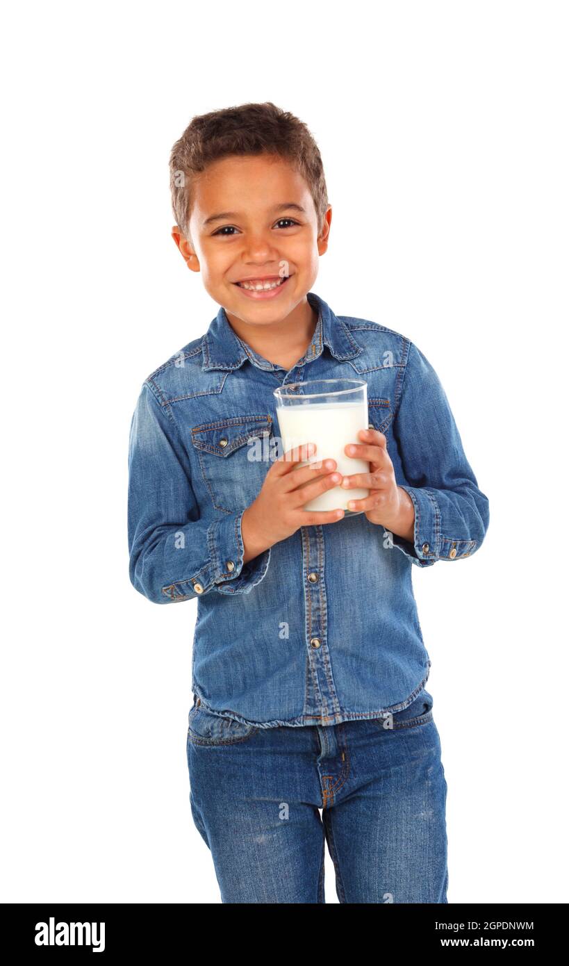 Adorable child drinking milk isolated on a white background Stock Photo ...