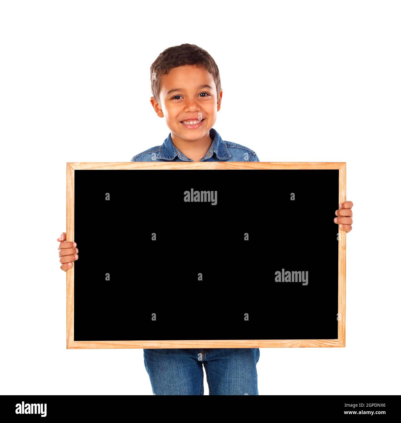 Happy child holding a blank slate isolated on a white background Stock ...