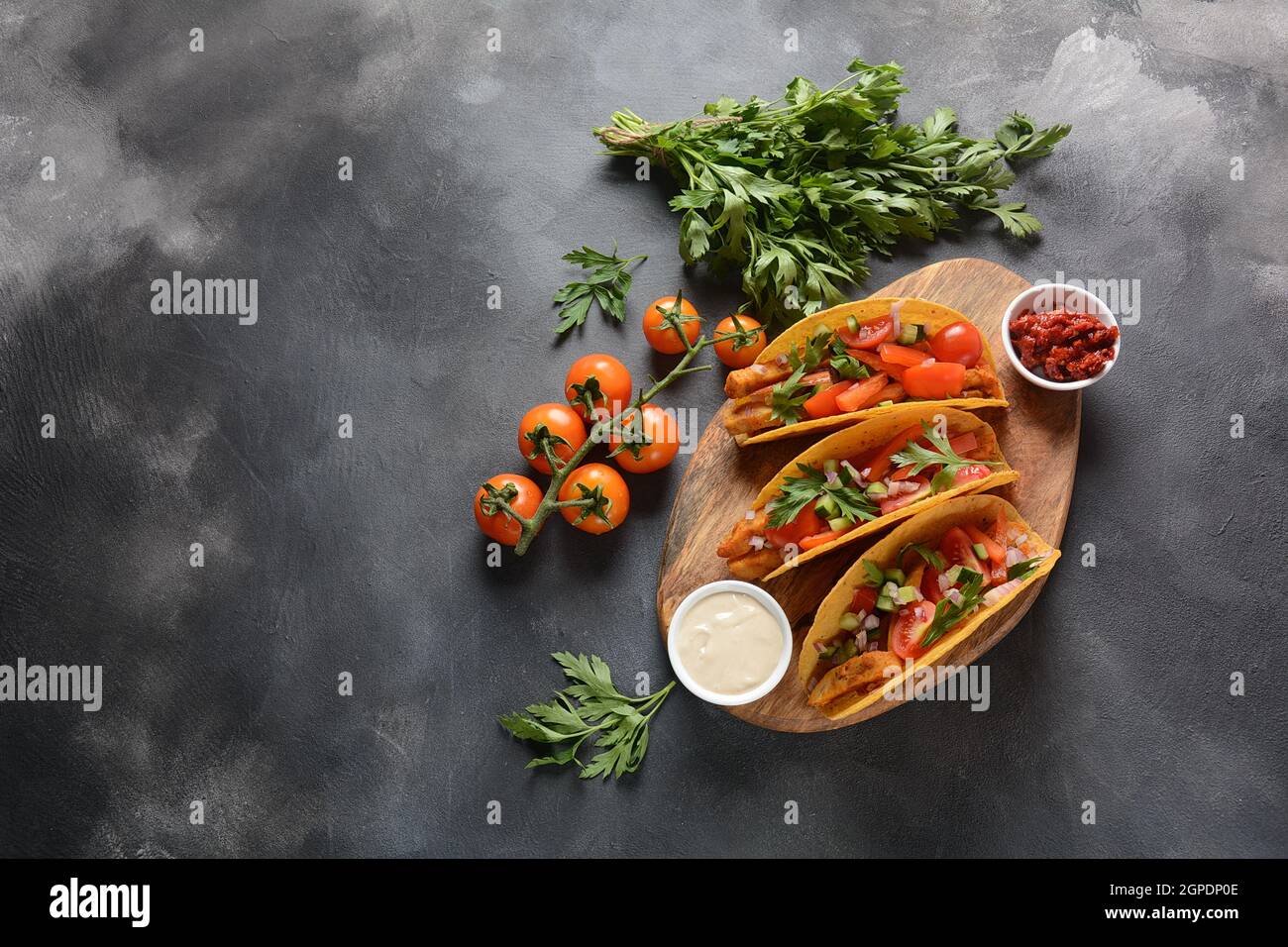 Tacos with grilled chicken and vegetables - Mexican food style Stock ...