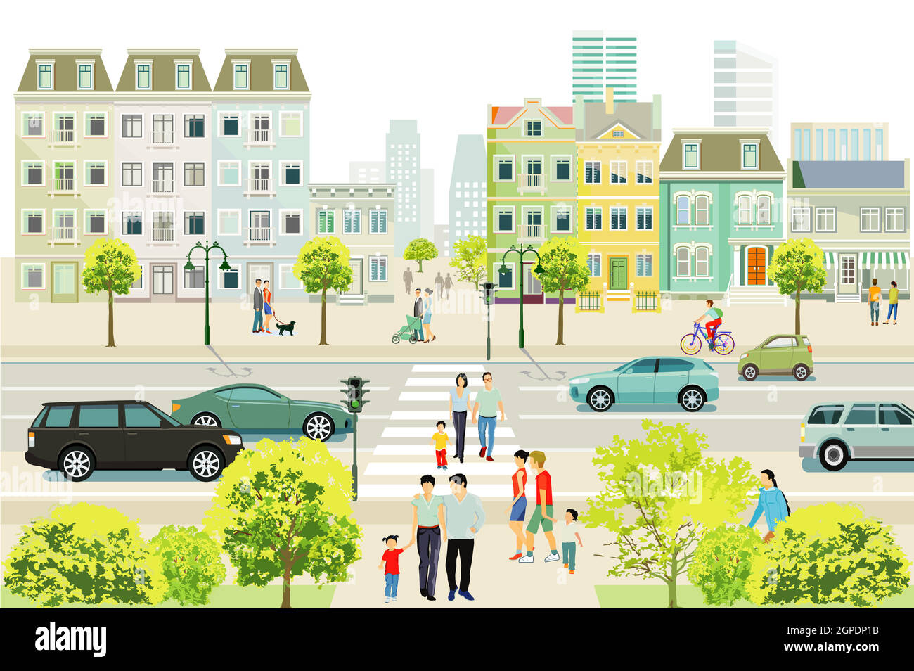 Road traffic with families and people on the sidewalk illustration ...