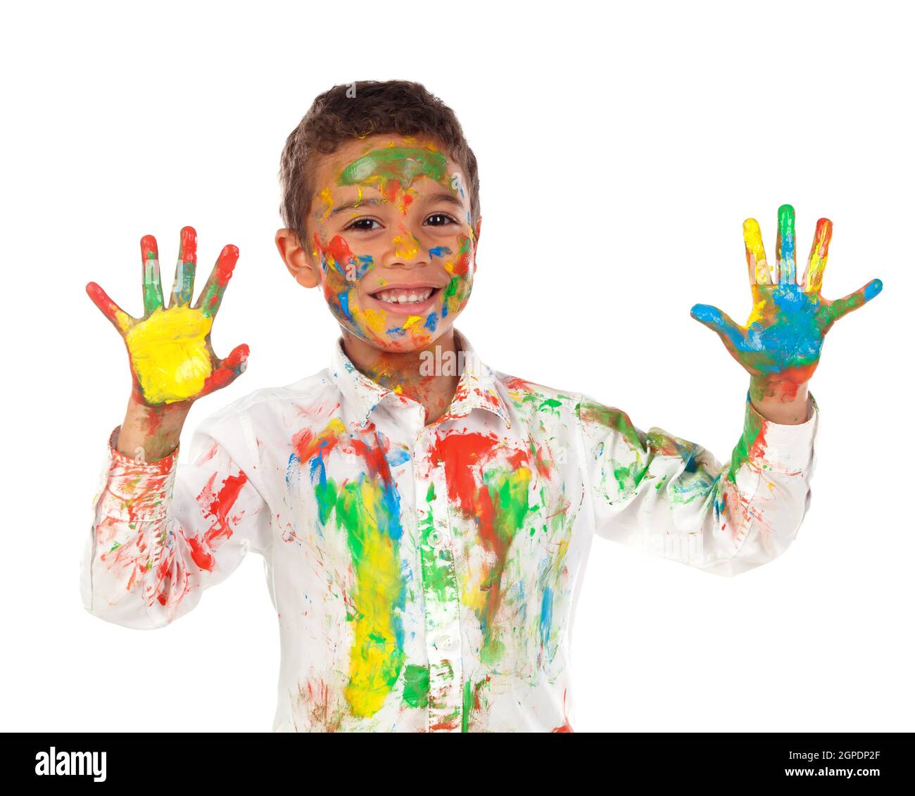 Funny boy with hands and face full of paint isolated on a white ...