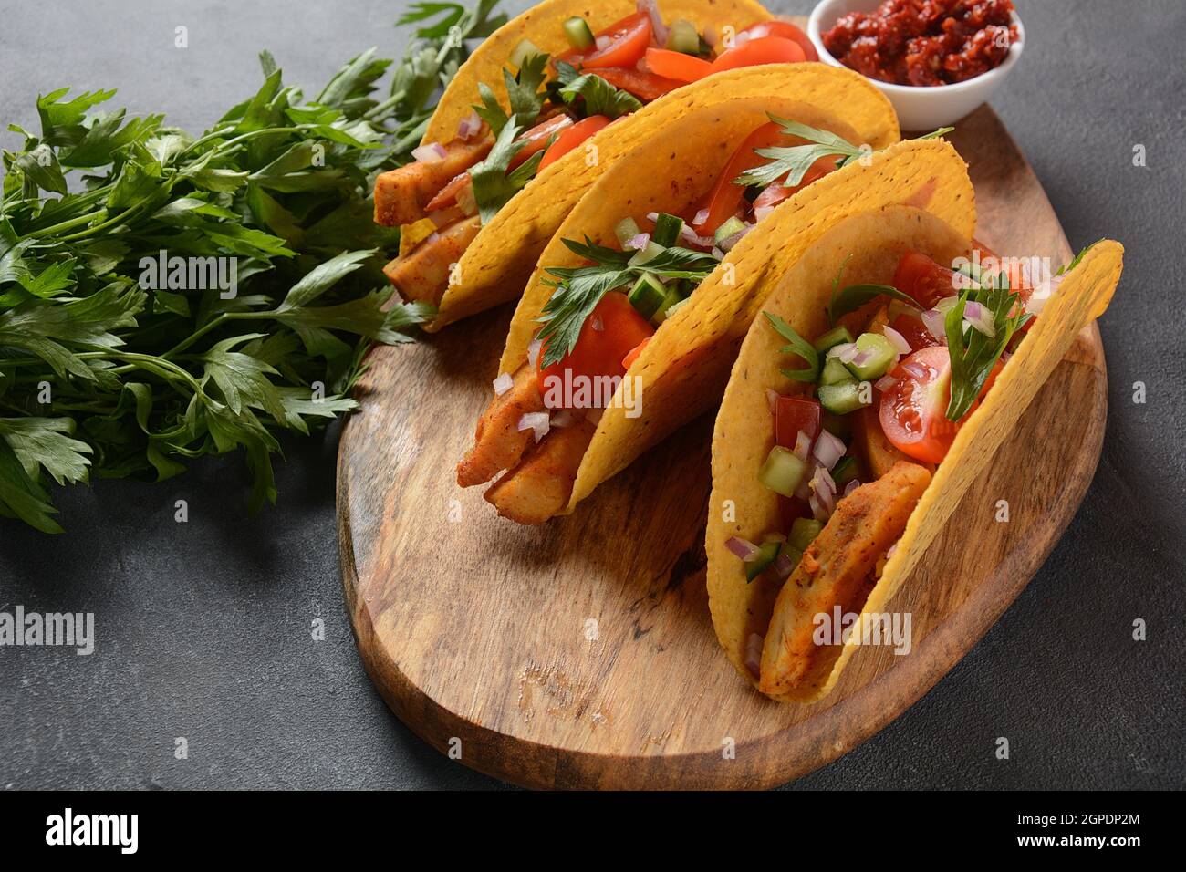 Tacos with grilled chicken and vegetables - Mexican food style Stock ...