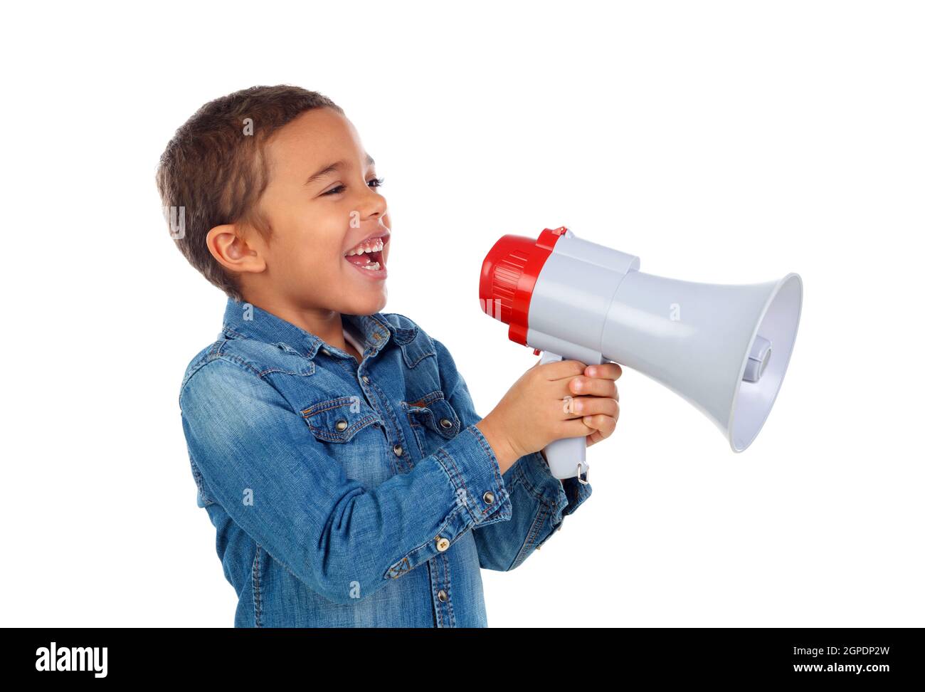 Small boy shouting through a megaphone isolated on white background ...