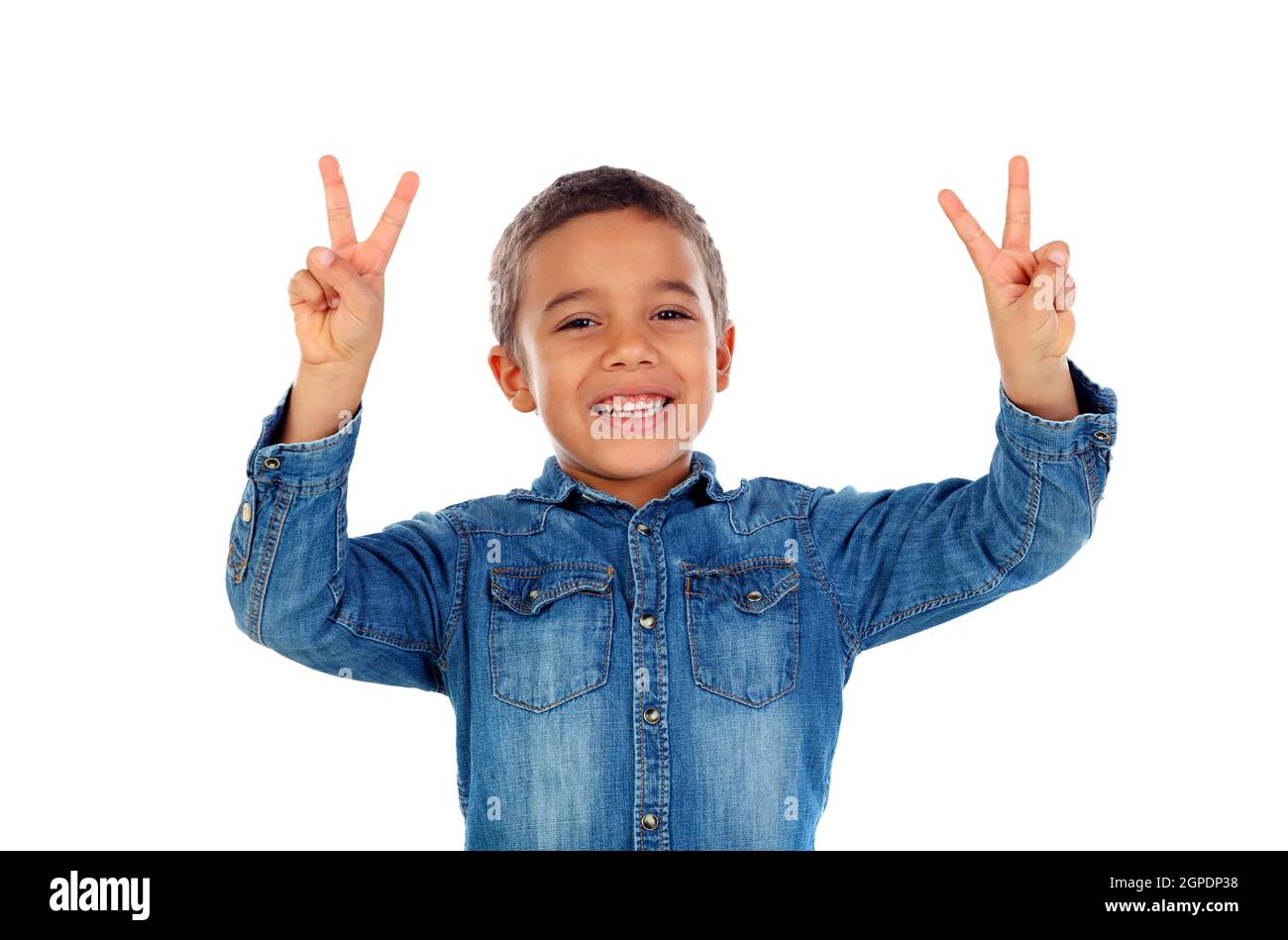 Adorable child counting with his fingers isolated on a white background ...