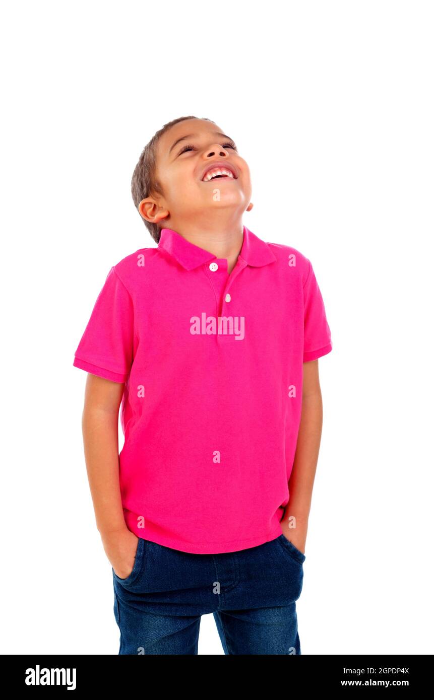 Full portrait of a beautiful child looking up isolated on a white ...