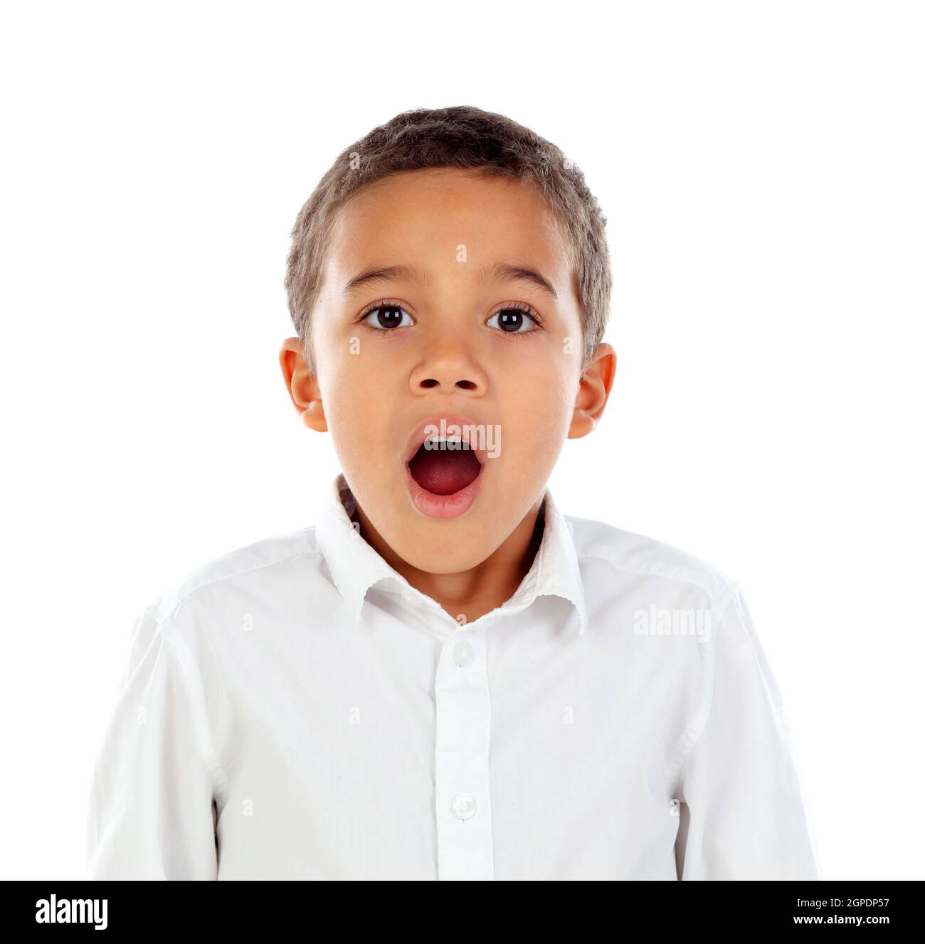 Surprised child open his mouth isolated on a white background Stock ...