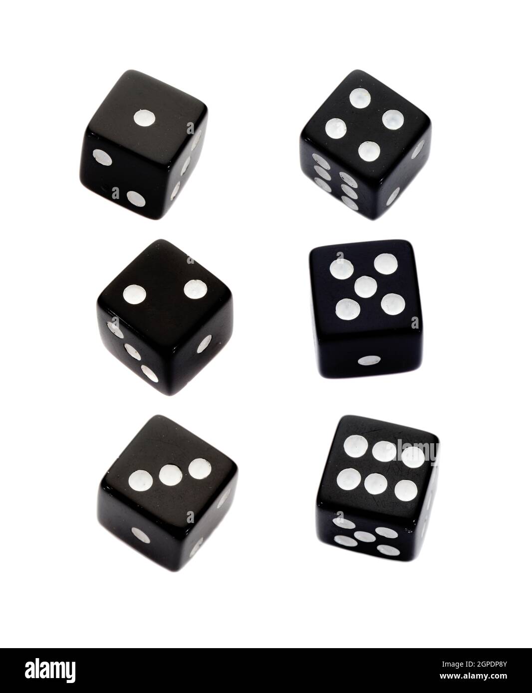 Six black dices with all the numbers isolated on a white background ...