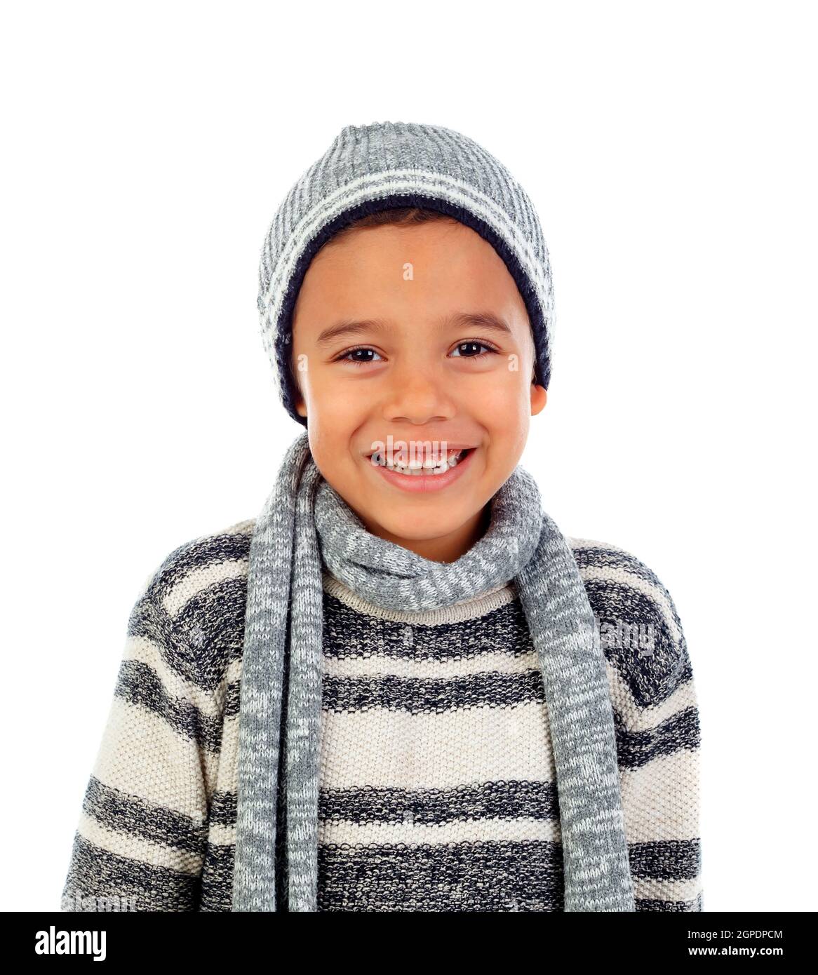 Beautiful child with wool scarf isolated on a white background Stock ...